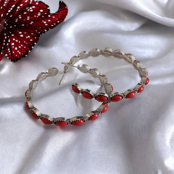 Anthropologie | Jewelry | Turquoise Red Hoop Earrings | Poshmark
